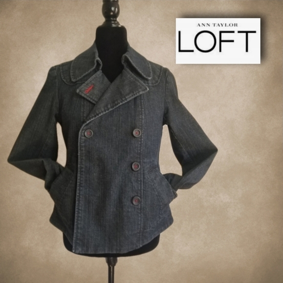 LOFT | Jackets & Coats | Loft Dark Wash Denim Double Breasted Peacoat ...